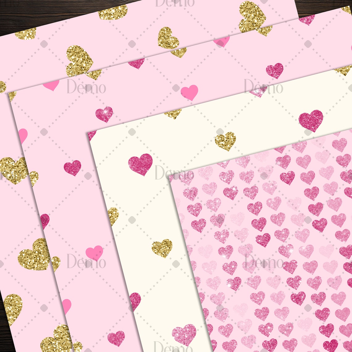 16 Gold Glitter and Pink Heart Digital Papers Commercial Use, Glitter ...
