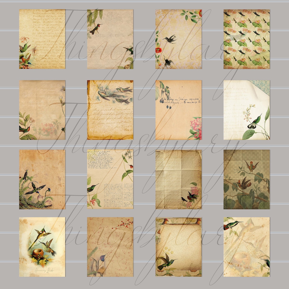 16 Antique Humming Birds Digital Papers 8.5x11 300 Dpi Commercial Use ...