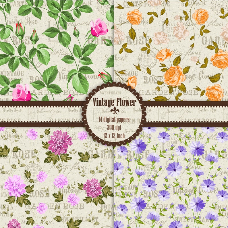 14 Vintage Flower Digital Papers 12 Flower Digital - Etsy