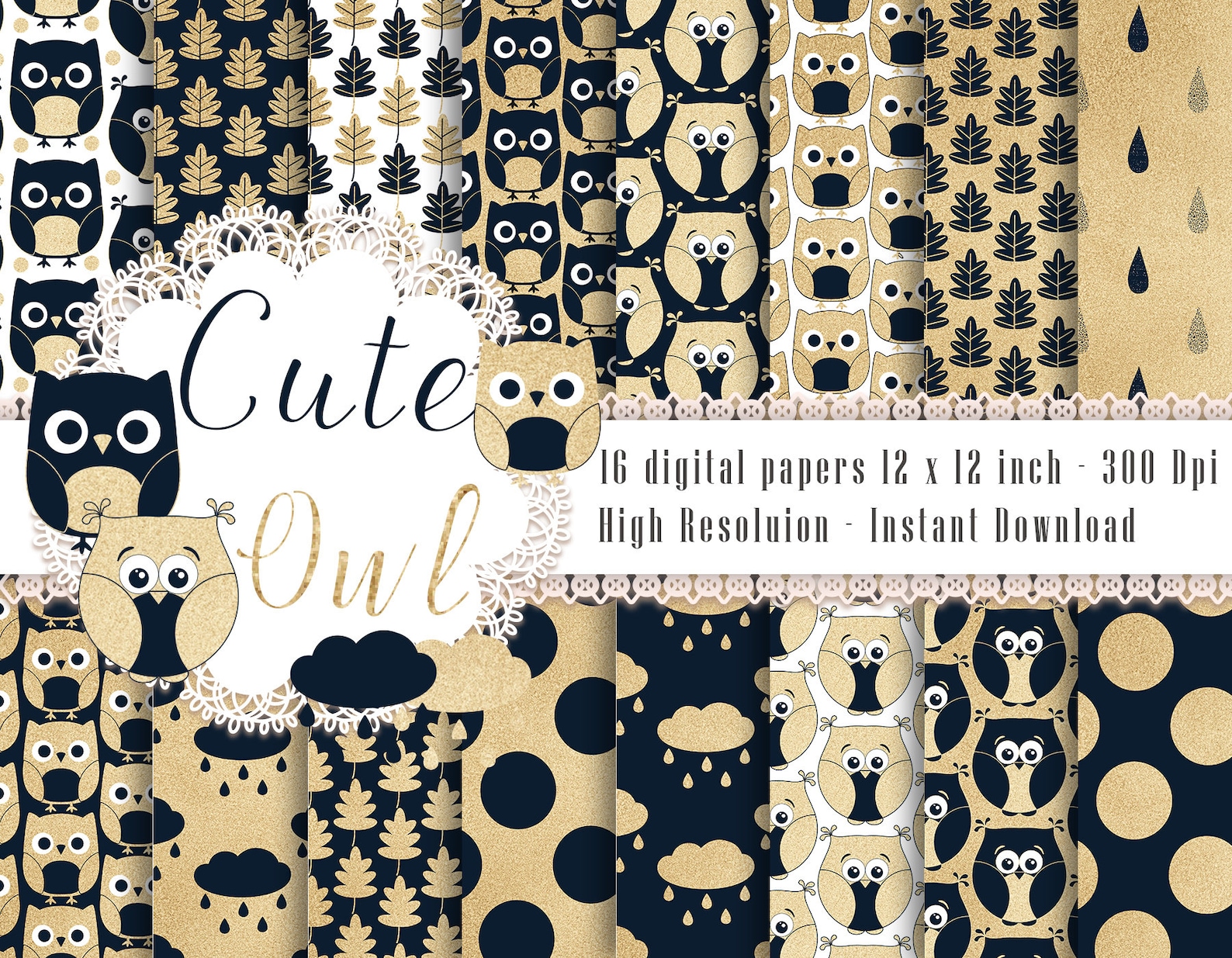 16 Cute Owl Pattern Gold Foil and Navy Blue Digital Papers in | Etsy