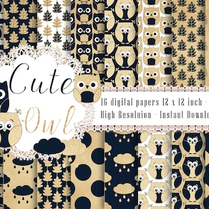 16 Cute Owl Pattern Gold Foil and Navy Blue Digital Papers in 12 X 12 ...