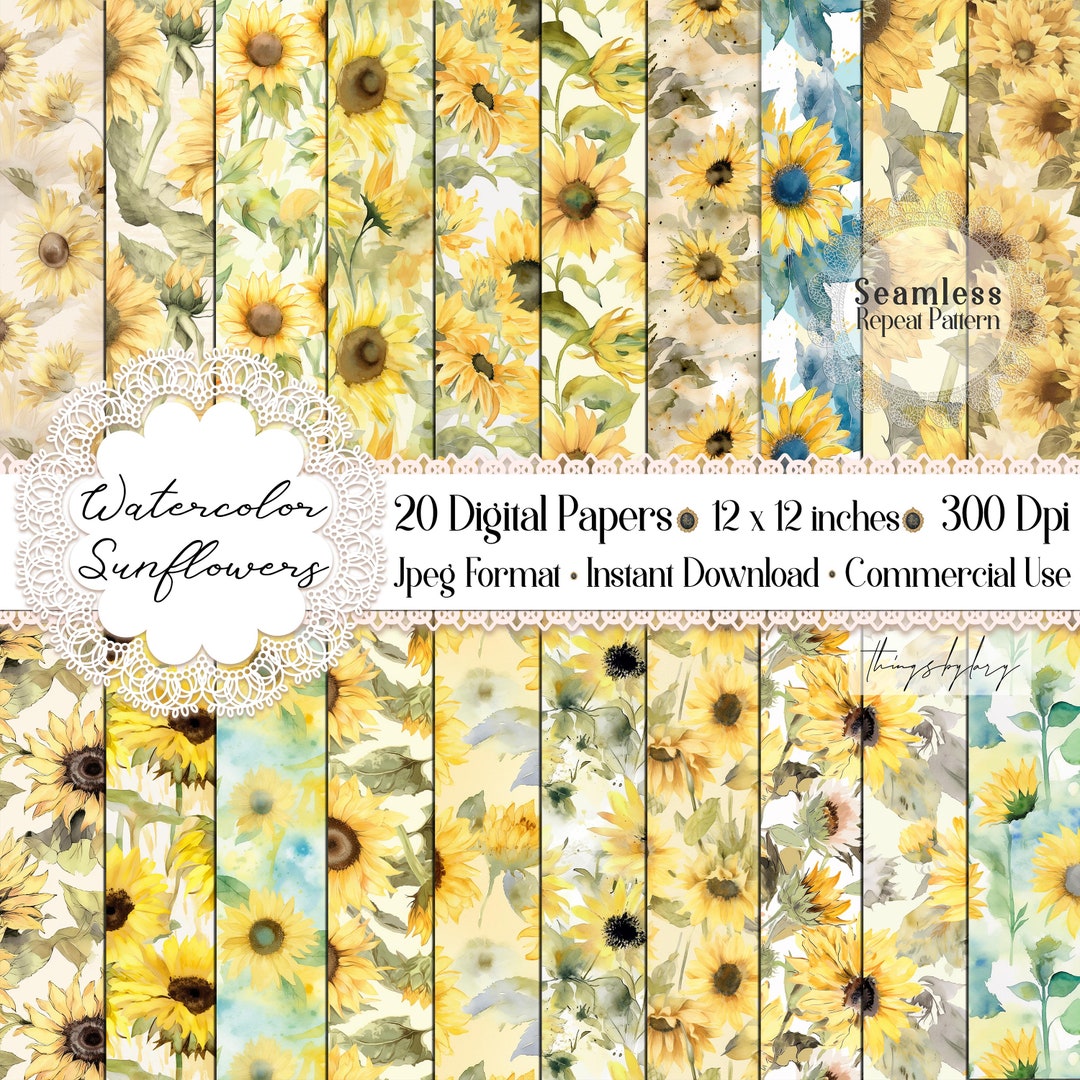 20 Seamless Watercolor Sunflower Digital Papers Instant Download ...