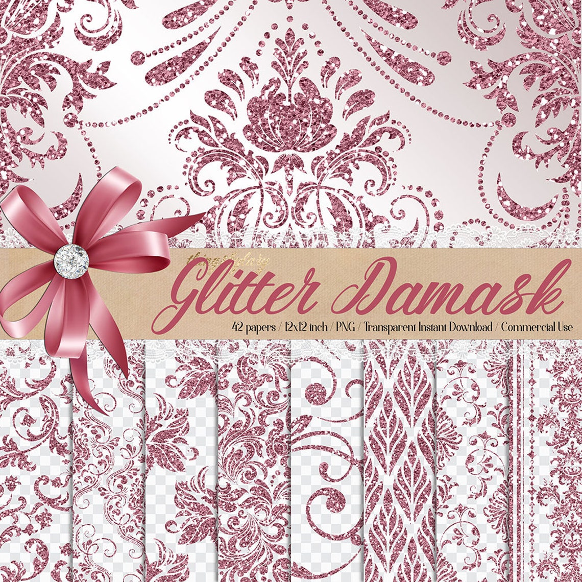 42 Rose Gold Glitter Seamless Damask Ornament Overlays 12in - Etsy
