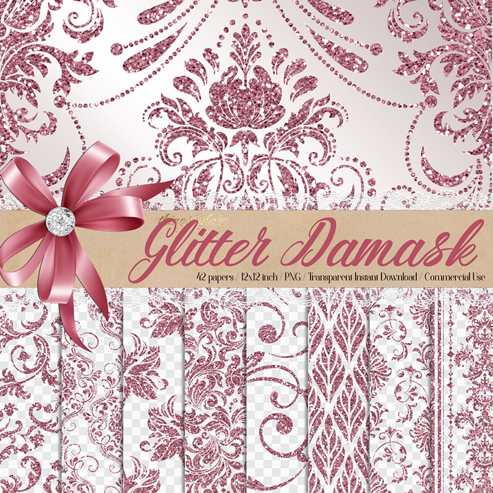 42 Rose Gold Glitter Seamless Damask Ornament Overlays 12in - Etsy