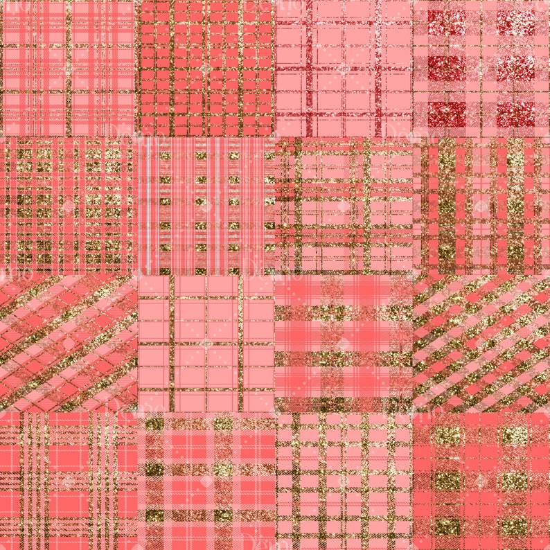 16 Gold Glitter and Peach Plaid Tartan Digital Paper Pack | Etsy