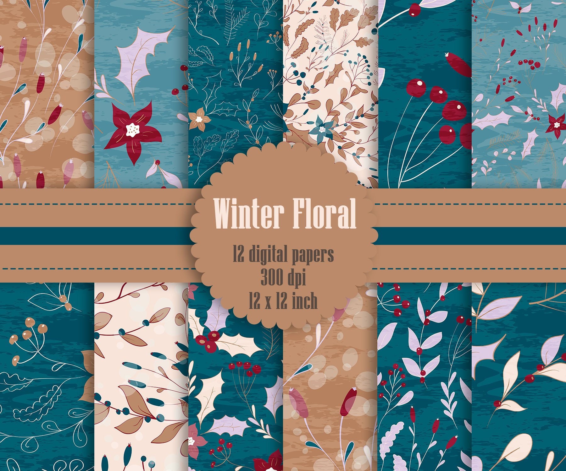 70% OFF 120 Winter Floral Christmas Winter Holiday Digital Papers 12 ...