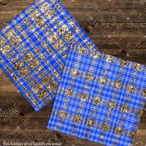16 Luxury Gold and Royal Blue Glitter Plaid Tartan Digital Paper Pack ...