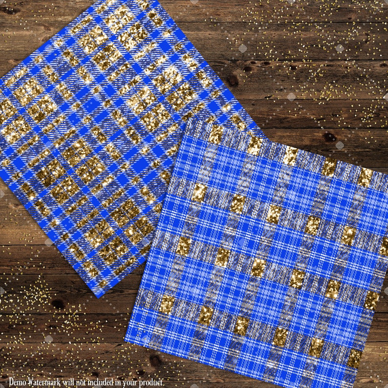 16 Luxury Gold and Royal Blue Glitter Plaid Tartan Digital | Etsy