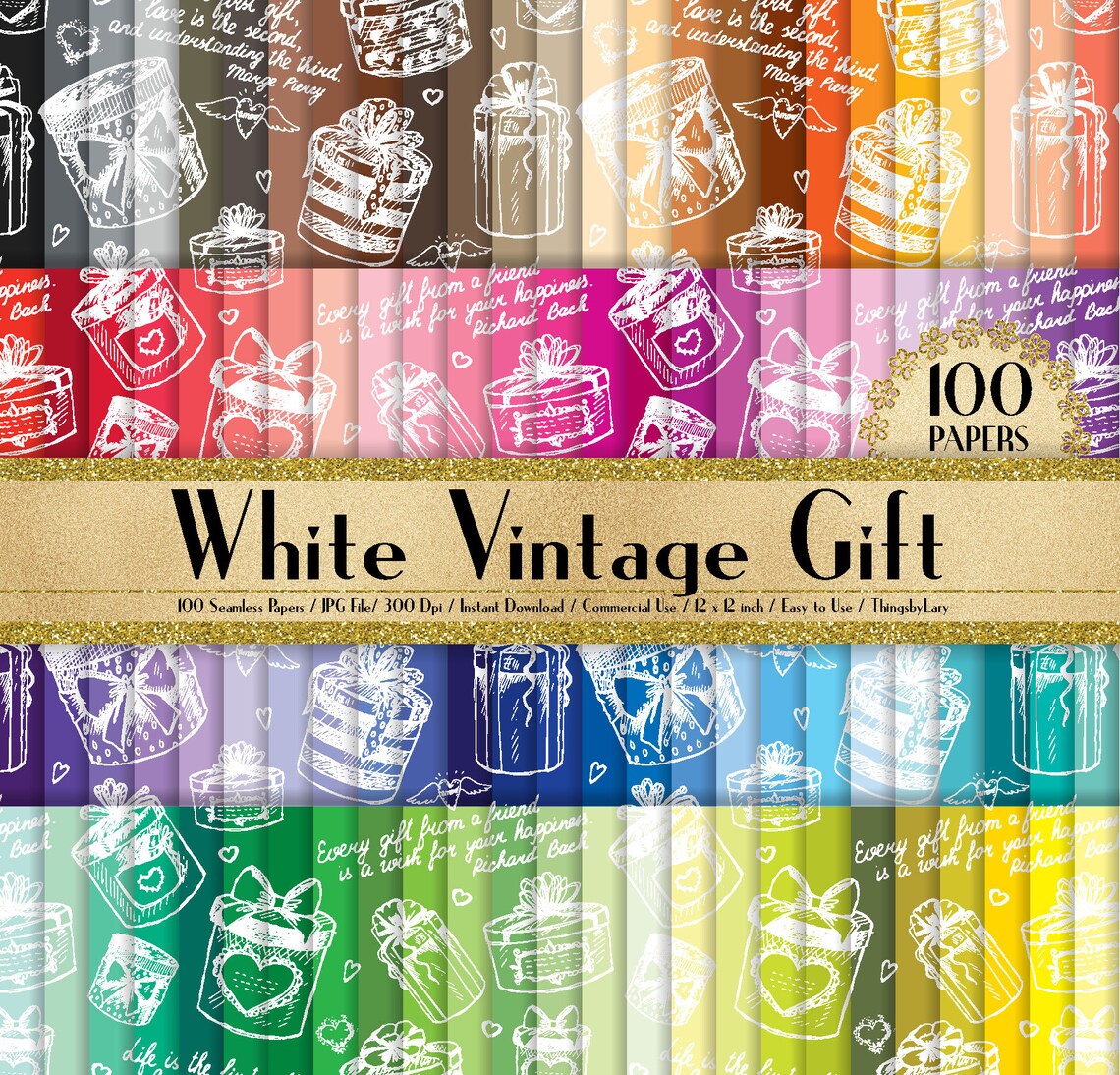 100 Seamless White Vintage Gift Box Papers in 12" X 12", 300 Dpi ...
