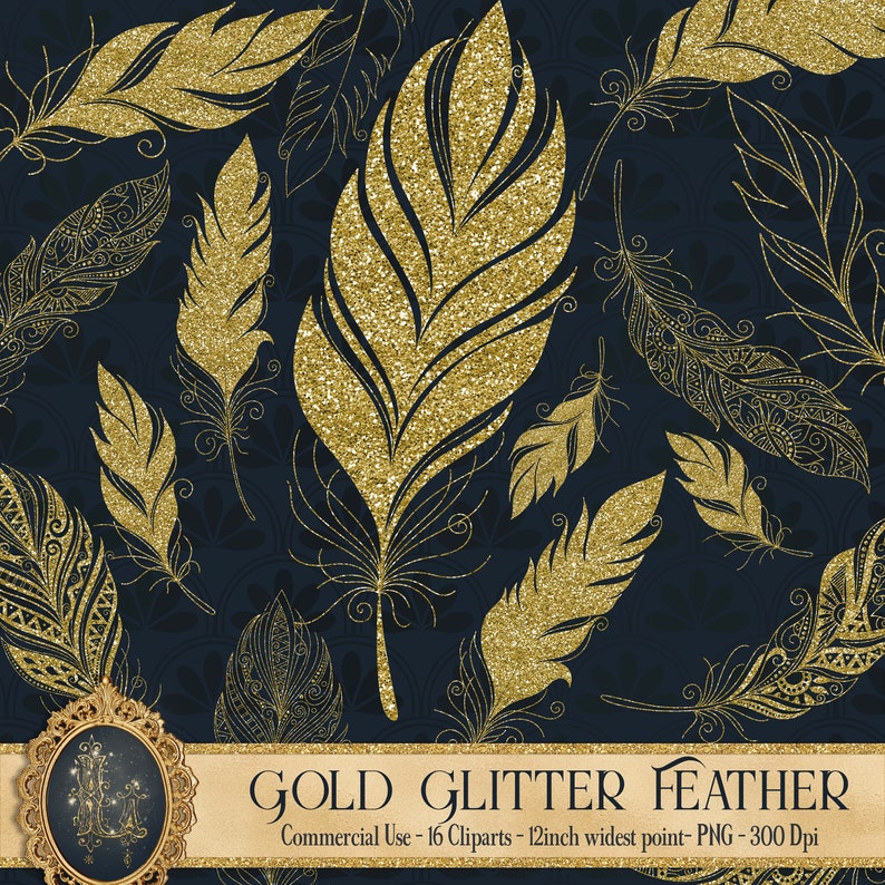 Gold Glitter Feather Sets 16 Cliparts 300 Dpi Instant - Etsy