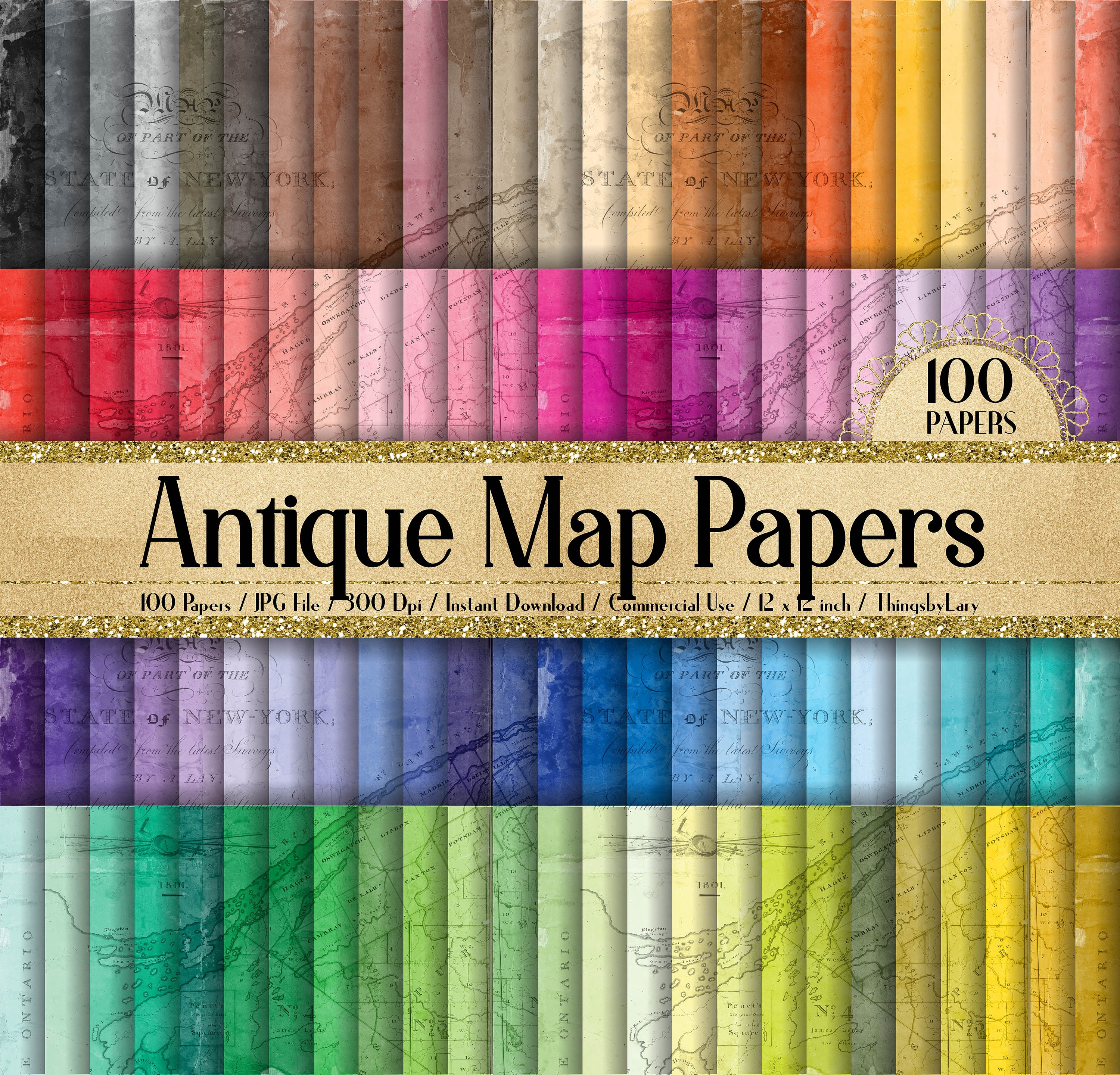 100 Vintage Maps Digital Papers 12x12" 300 Dpi Commercial Use Planner ...