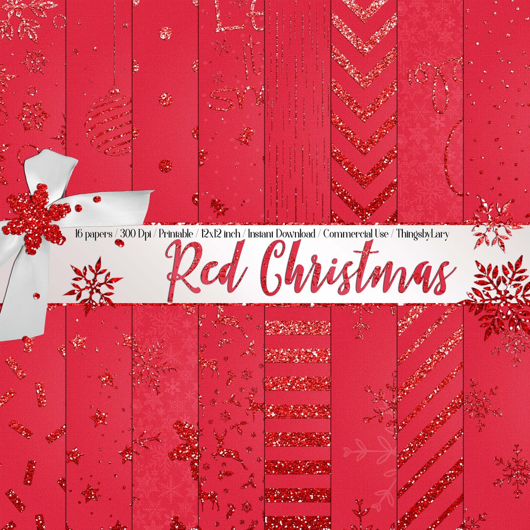 16 Red Glitter Christmas Digital Papers 12" 300 Dpi Instant Download ...