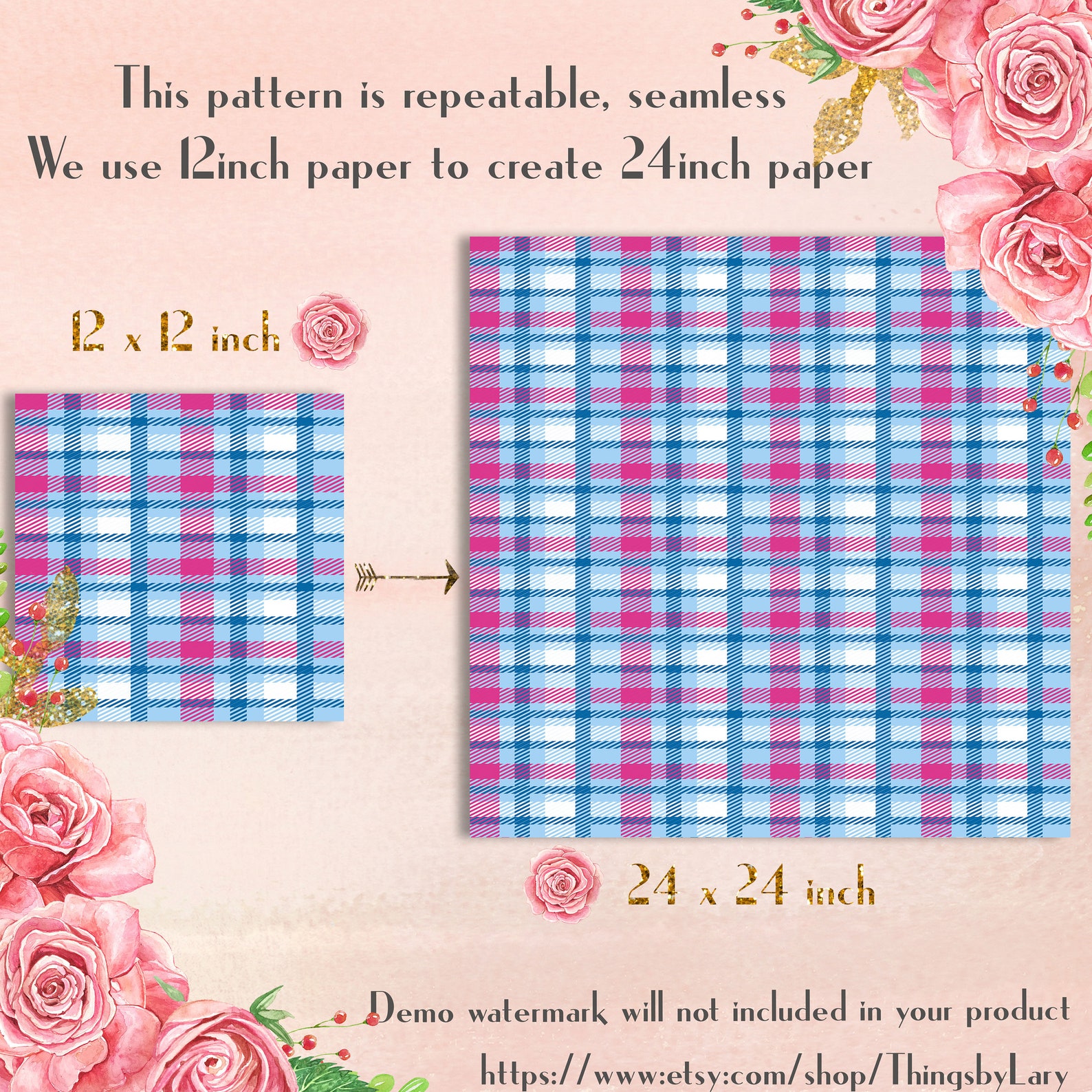 24 Pink and Blue Plaid Digital Papers 12inch 300 Dpi Instant - Etsy