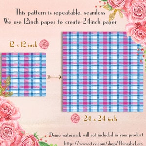 24 Pink and Blue Plaid Digital Papers 12inch 300 Dpi Instant Download ...