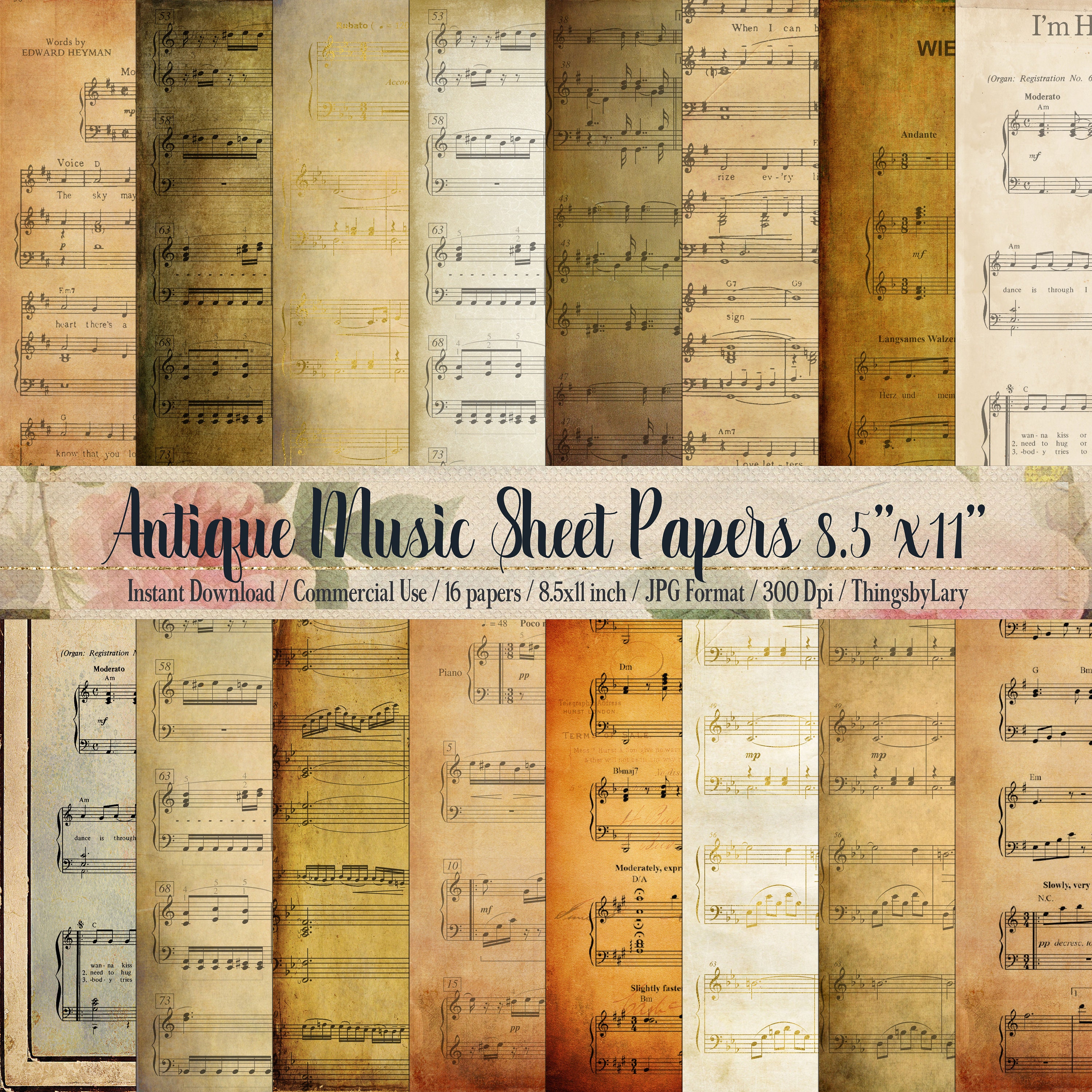 16 Antique Music Sheet Papers 8.5x11 in Instant Download Commercial Use 300 Dpi Vintage Music ...