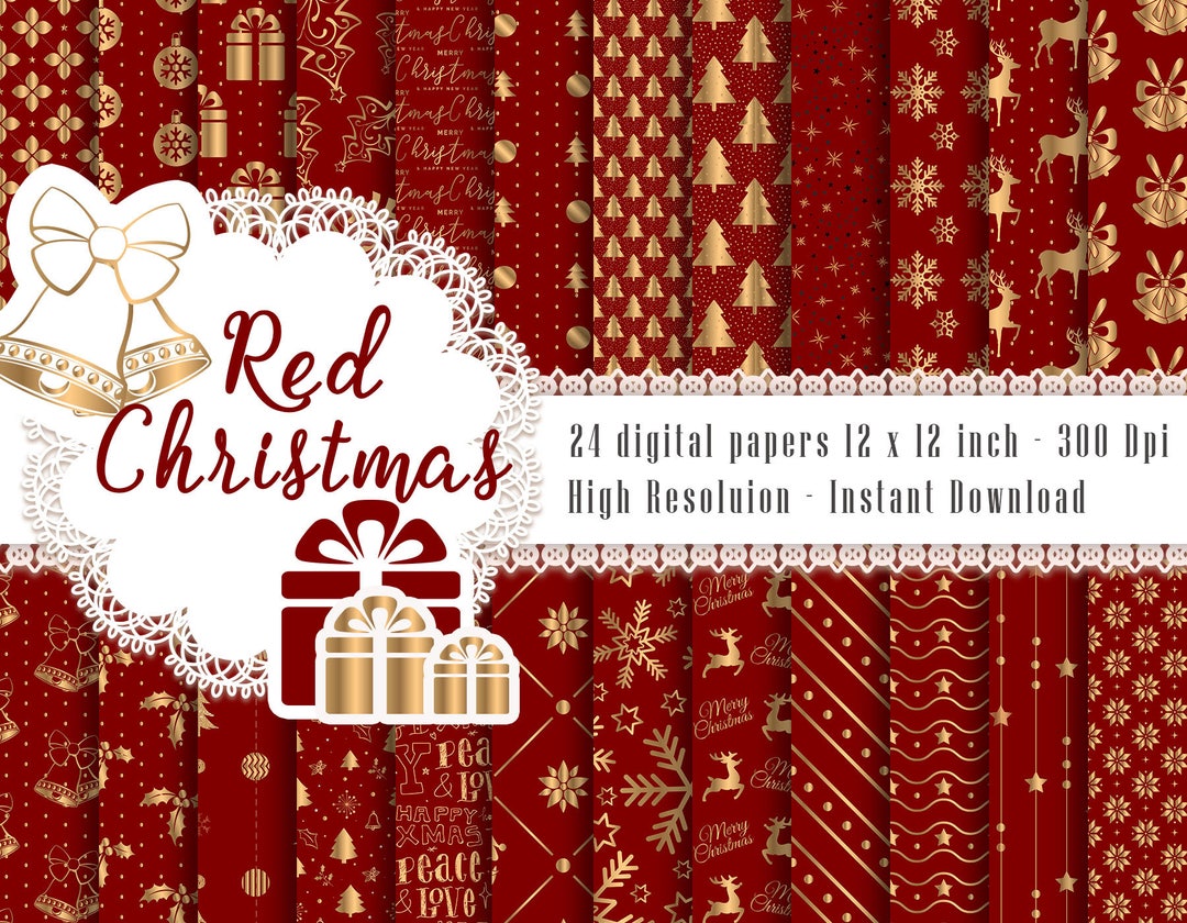 24 Red & Gold Christmas Digital Papers 12 X 12 Inch 300 Dpi Instant ...