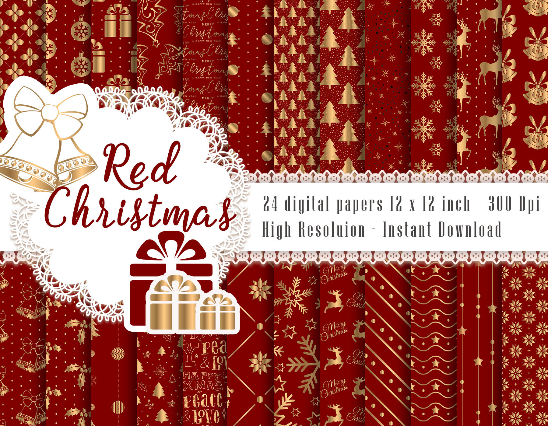 24 Red & Gold Christmas Digital Papers 12 X 12 Inch 300 Dpi Instant ...