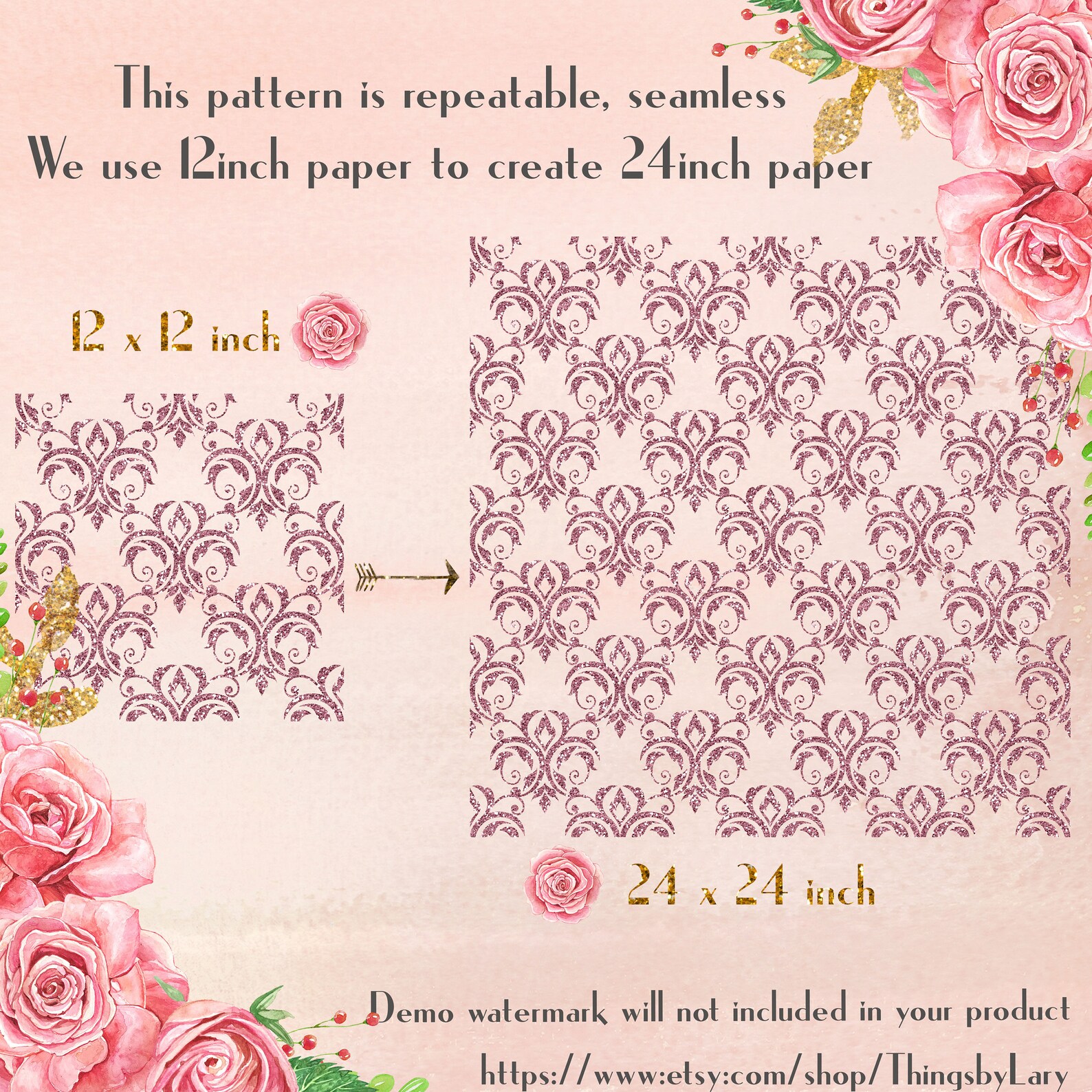 42 Rose Gold Glitter Seamless Damask Ornament Overlays 12in - Etsy