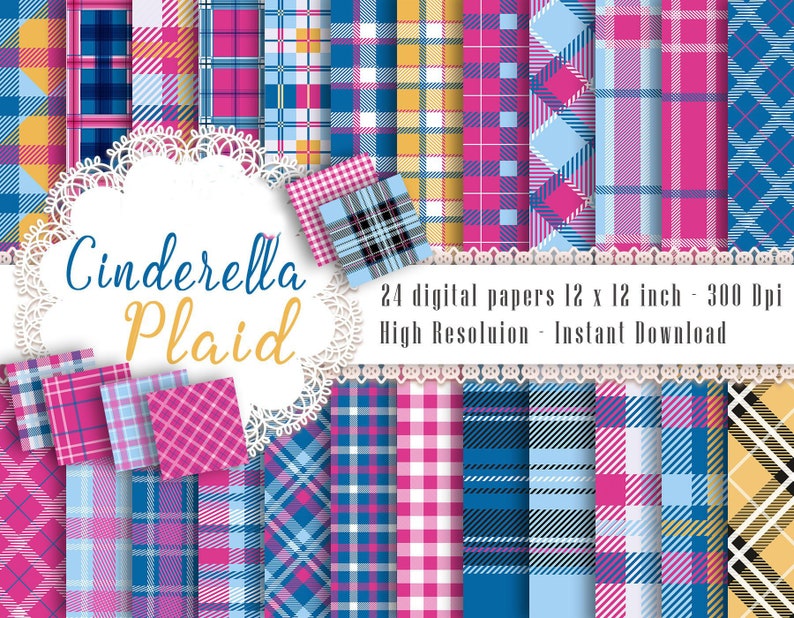 24 Pink and Blue Plaid Digital Papers 12inch 300 Dpi Instant Download ...