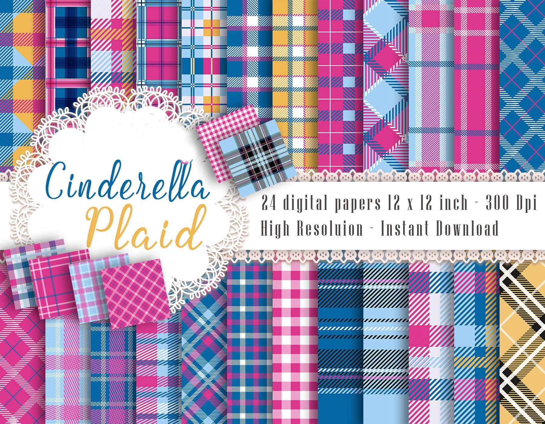 24 Pink and Blue Plaid Digital Papers 12inch 300 Dpi Instant - Etsy