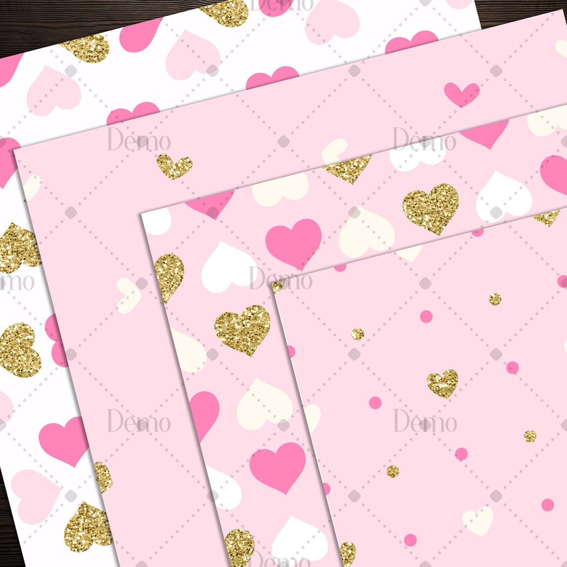 16 Gold Glitter and Pink Heart Digital Papers Commercial Use - Etsy