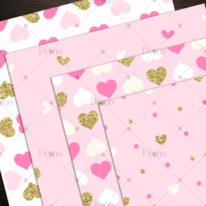 16 Gold Glitter and Pink Heart Digital Papers Commercial Use, Glitter ...