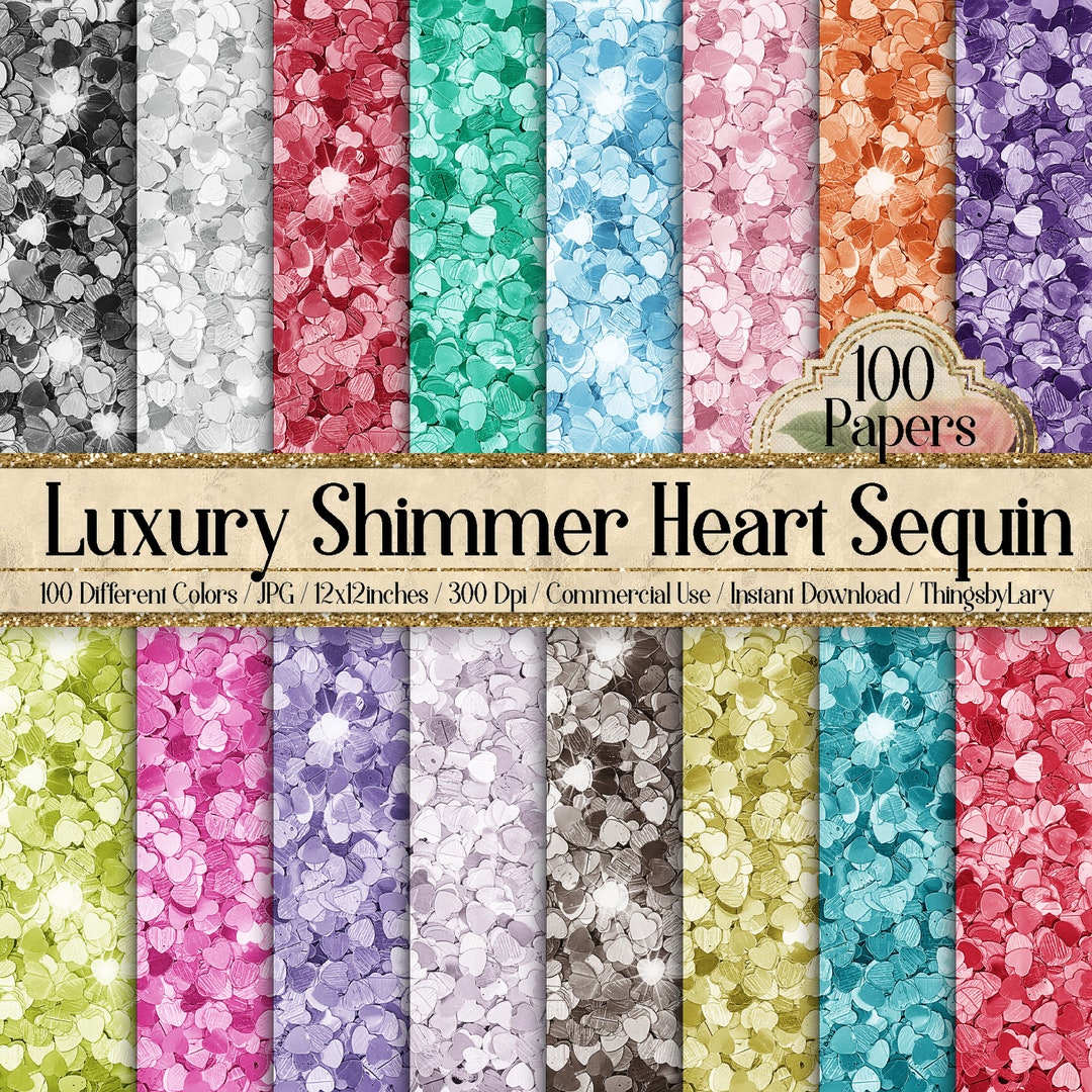 100 Luxury Shimmer Heart Sequin Digital Papers Commercial Use Valentine ...