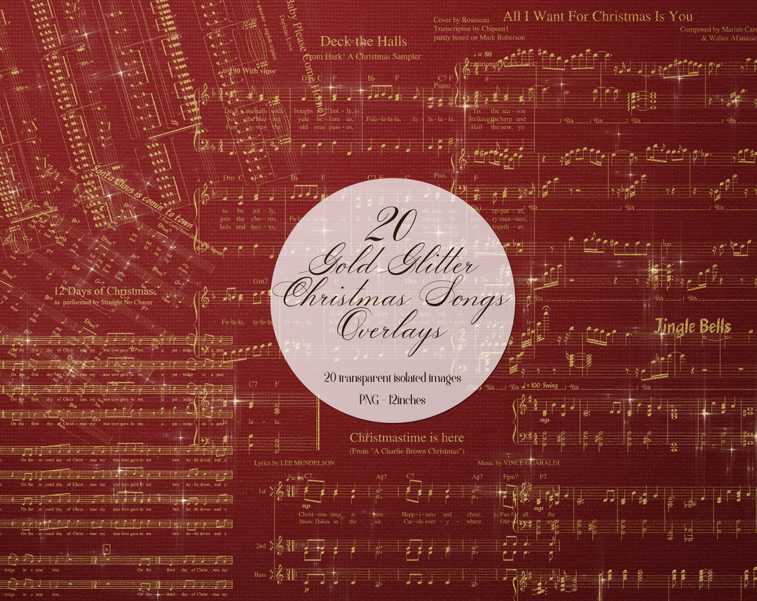 20 Gold Glitter Christmas Songs Music Sheets Overlay PNG Images ...