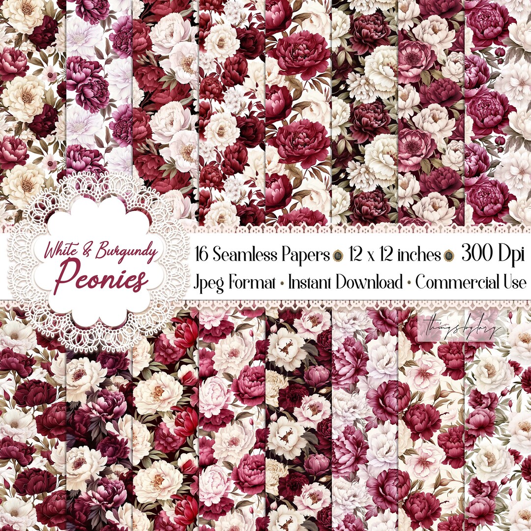 16 Seamless White and Burgundy Peony Flower Digital Papers Commercial ...