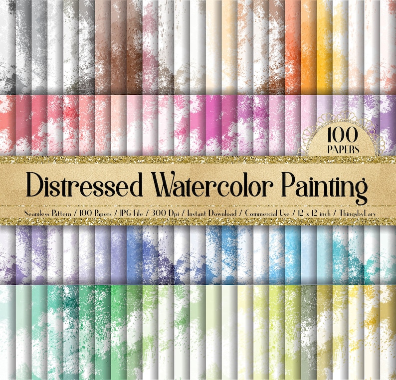 100 Seamless Distressed Watercolor Painting Digital Papers 12inch 300 ...