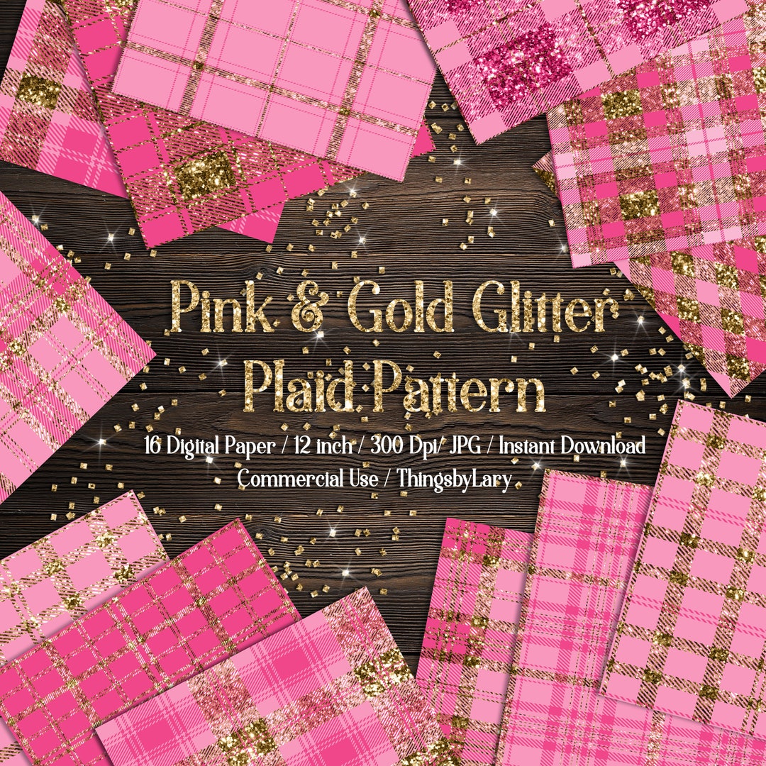 16 Luxury Gold and Pink Glitter Plaid Tartan Digital Paper Pack 12inch ...