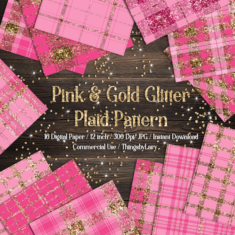 16 Luxury Gold and Pink Glitter Plaid Tartan Digital Paper - Etsy