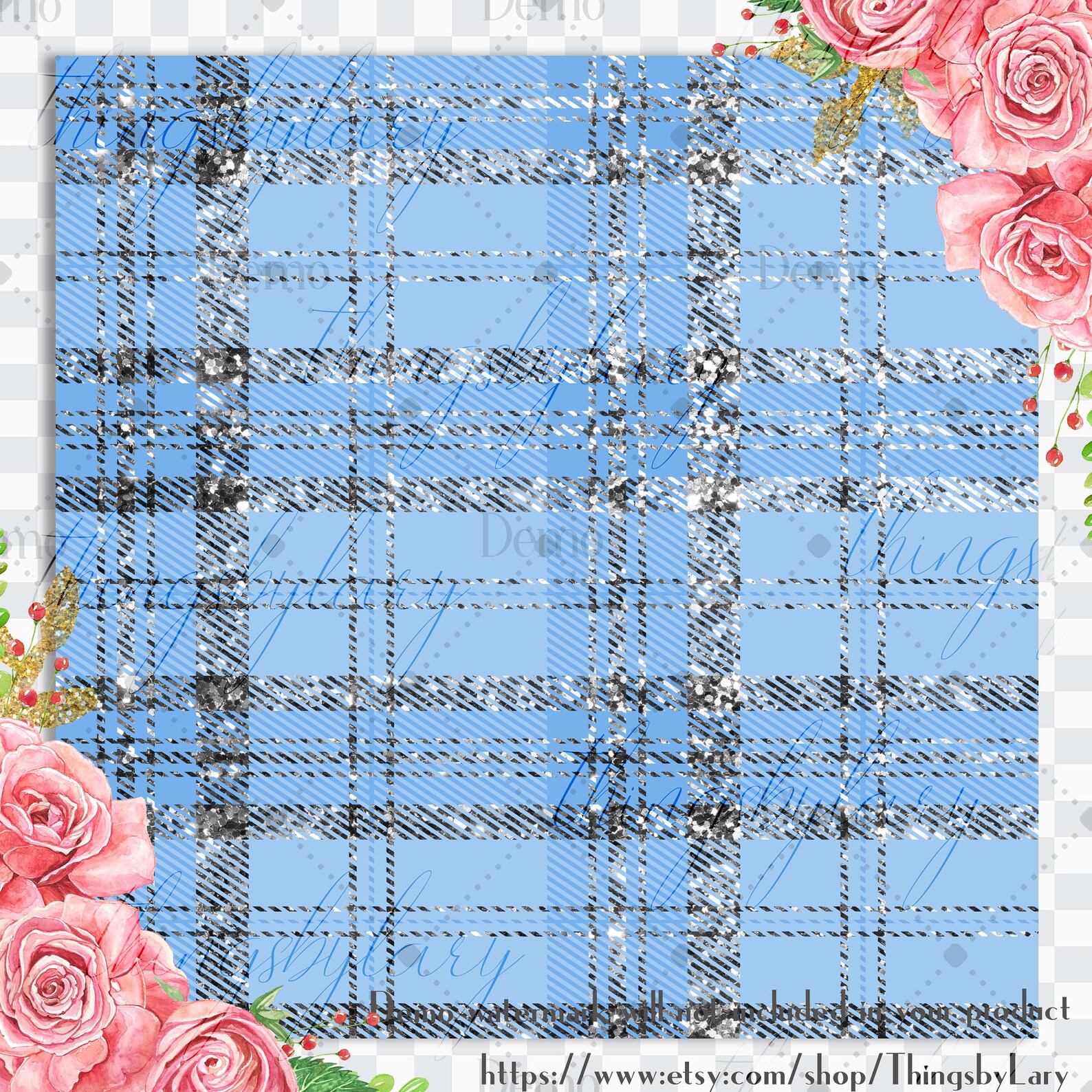 16 Luxury Silver and Light Blue Glitter Plaid Tartan Digital Paper Pack ...