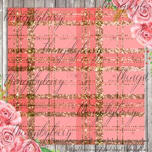 16 Gold Glitter and Peach Plaid Tartan Digital Paper Pack 12inch 300 ...