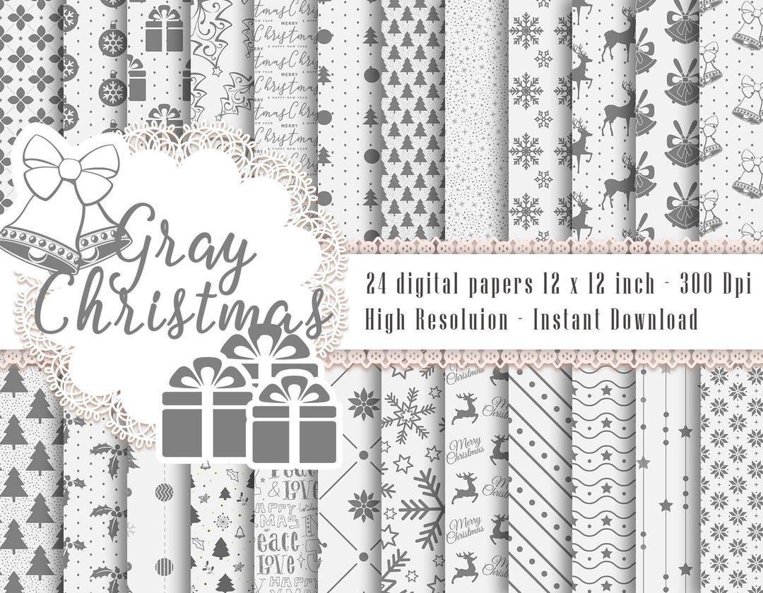 24 White and Gray Christmas Digital Papers 12 X 12 Inch 300 Dpi Instant ...