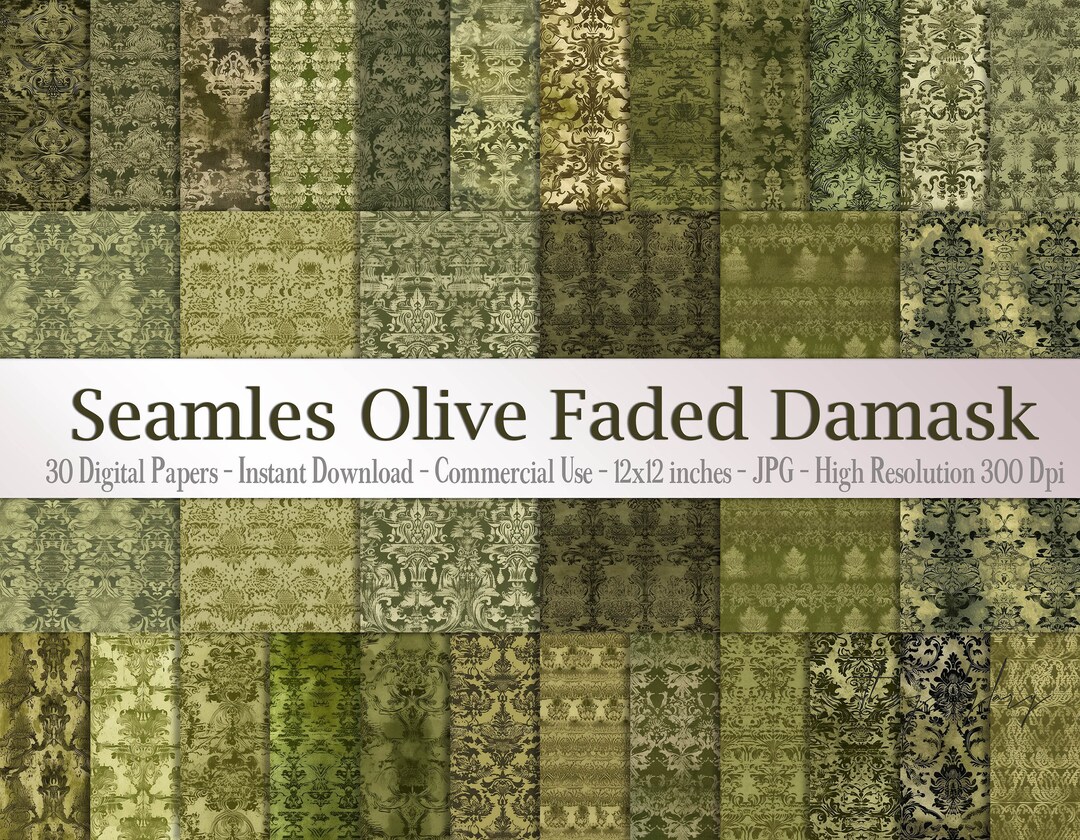 30 Seamless Vintage Olive Faded Damask Digtal Papers 12x12" 300 Dpi ...