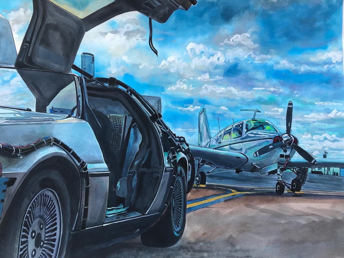 DMC Delorean Time Machine Watercolor Painting Back to the Future Sci-fi ...