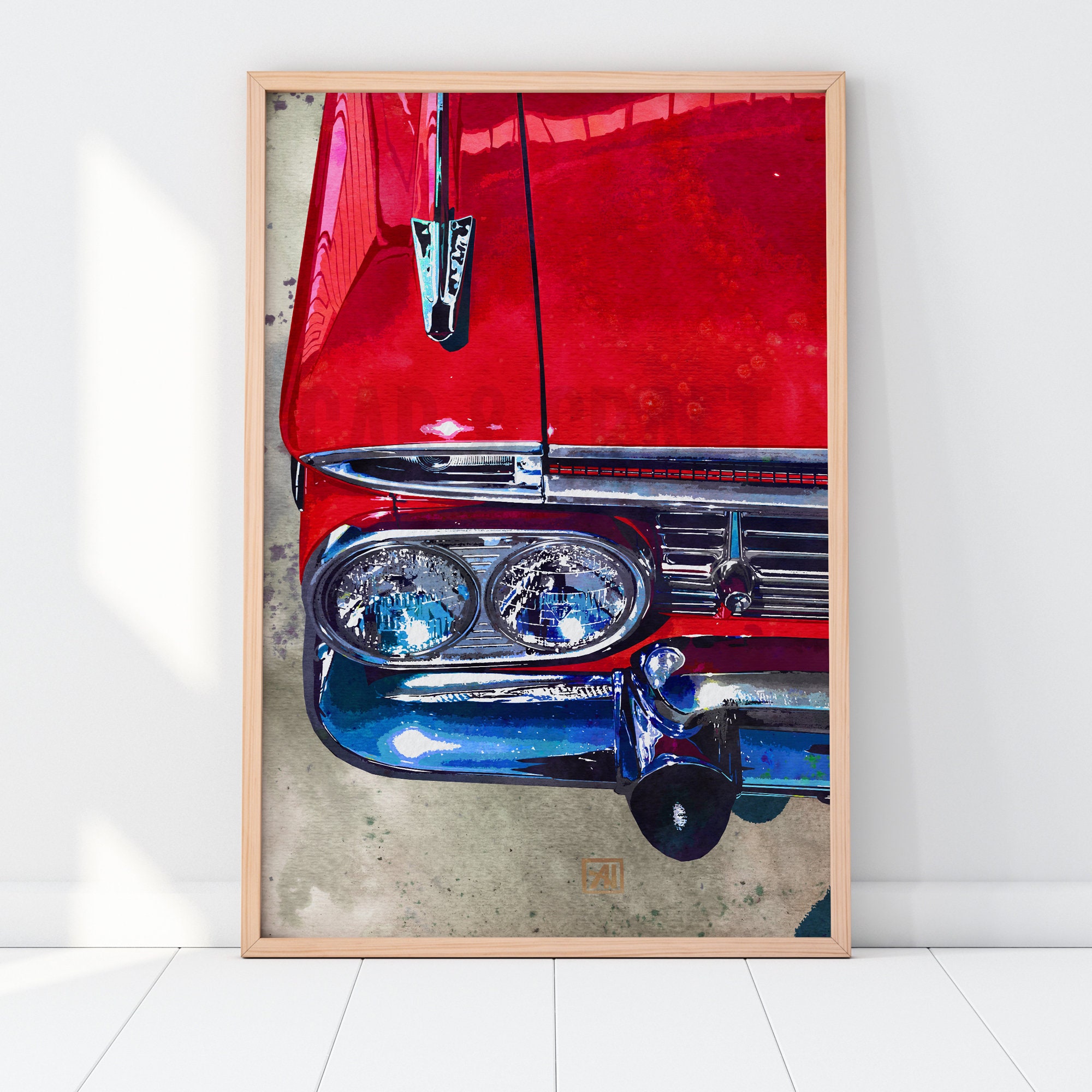 1959 Red Chevy Impala Car Art Print 1950s Classic Car Poster Automotive ...