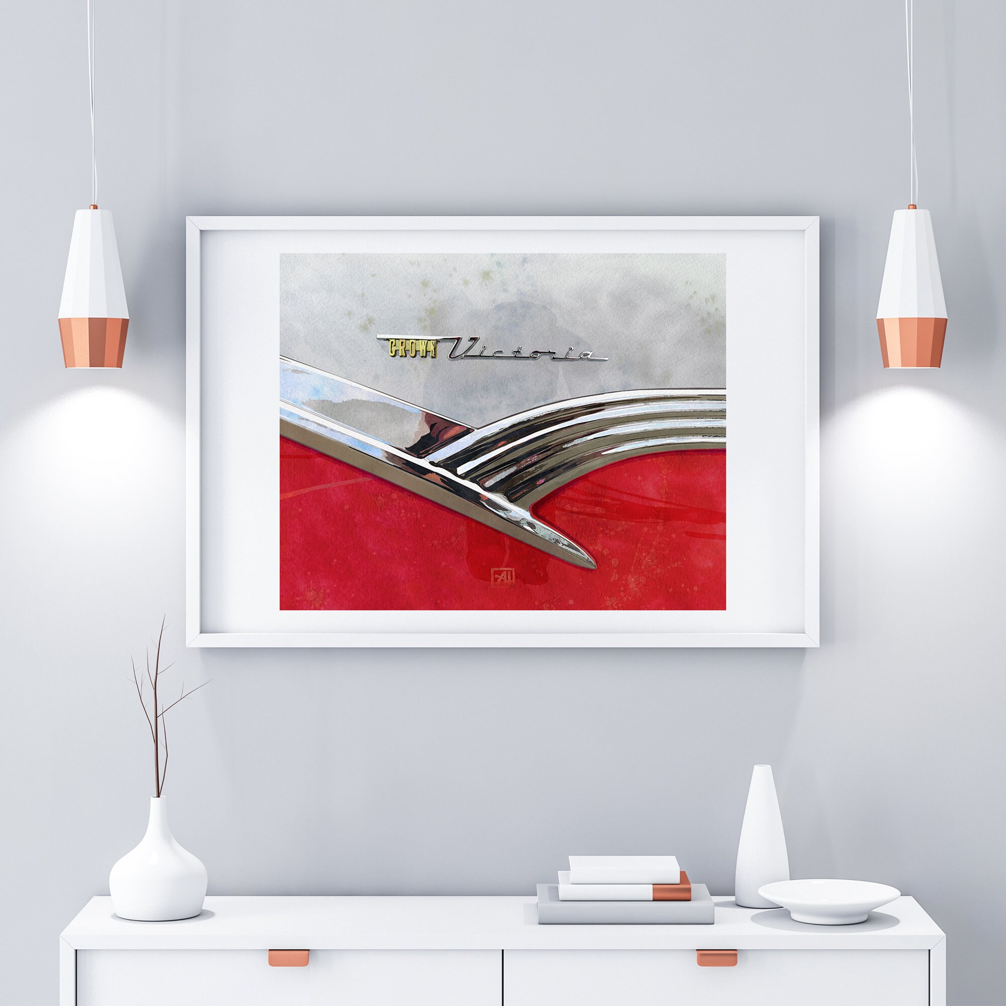 1956 Ford Crown Victoria Car Art | Torch Red White Ford Fairlane ...