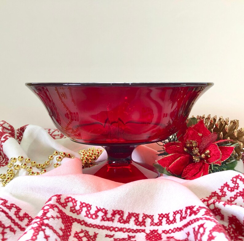 Vintage Ruby Red Pressed Glass Footed Bowl/compote Mid-century - Etsy
