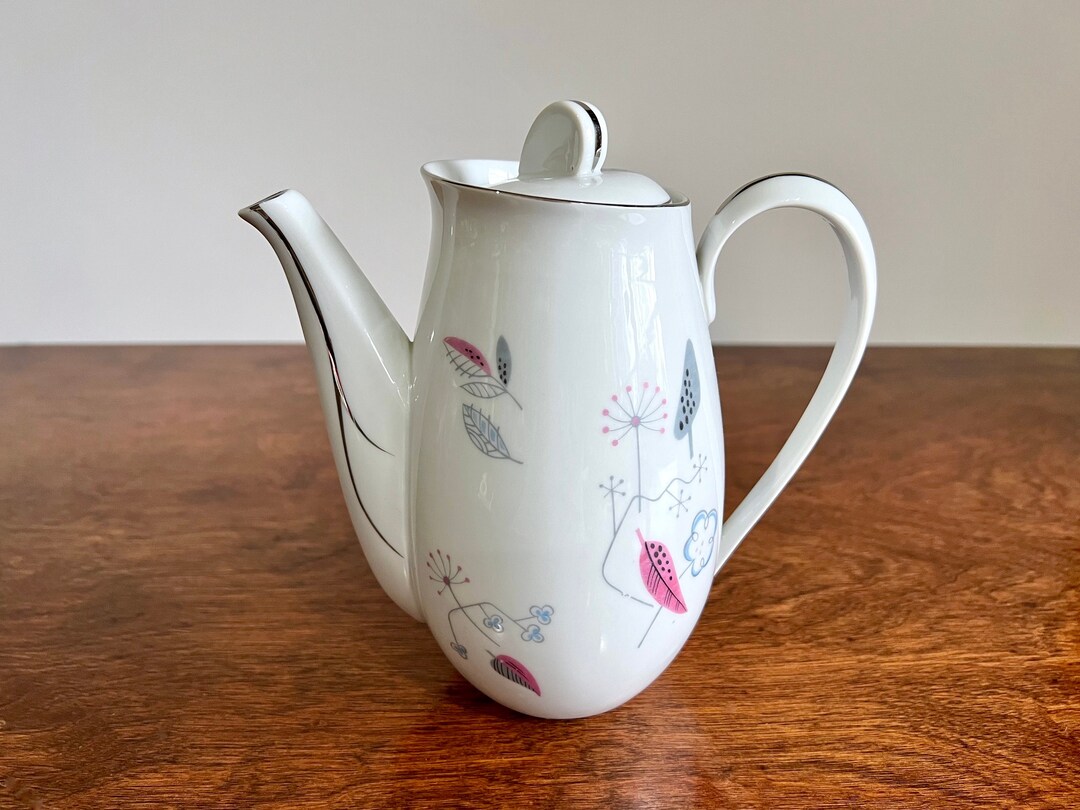 Vintage MCM Porcelain Teapot, Retro Floral Design, Silver Trim - Etsy