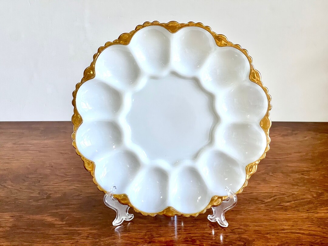 Vintage White Milk Glass Deviled Egg Plate by Anchor Hocking USA. Serving Dish W Gold Trim ...