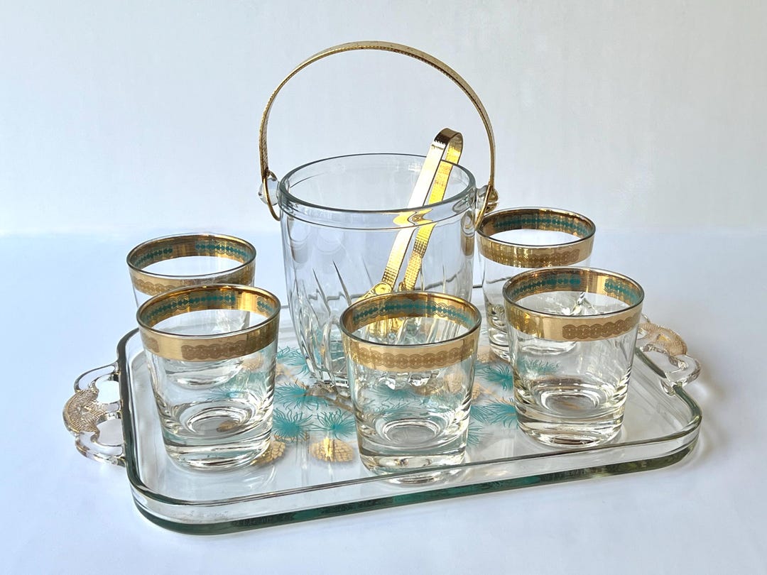 Vintage Mid Century Modern Barware Set (8 Pc Set) MCM Gold Teal Design ...