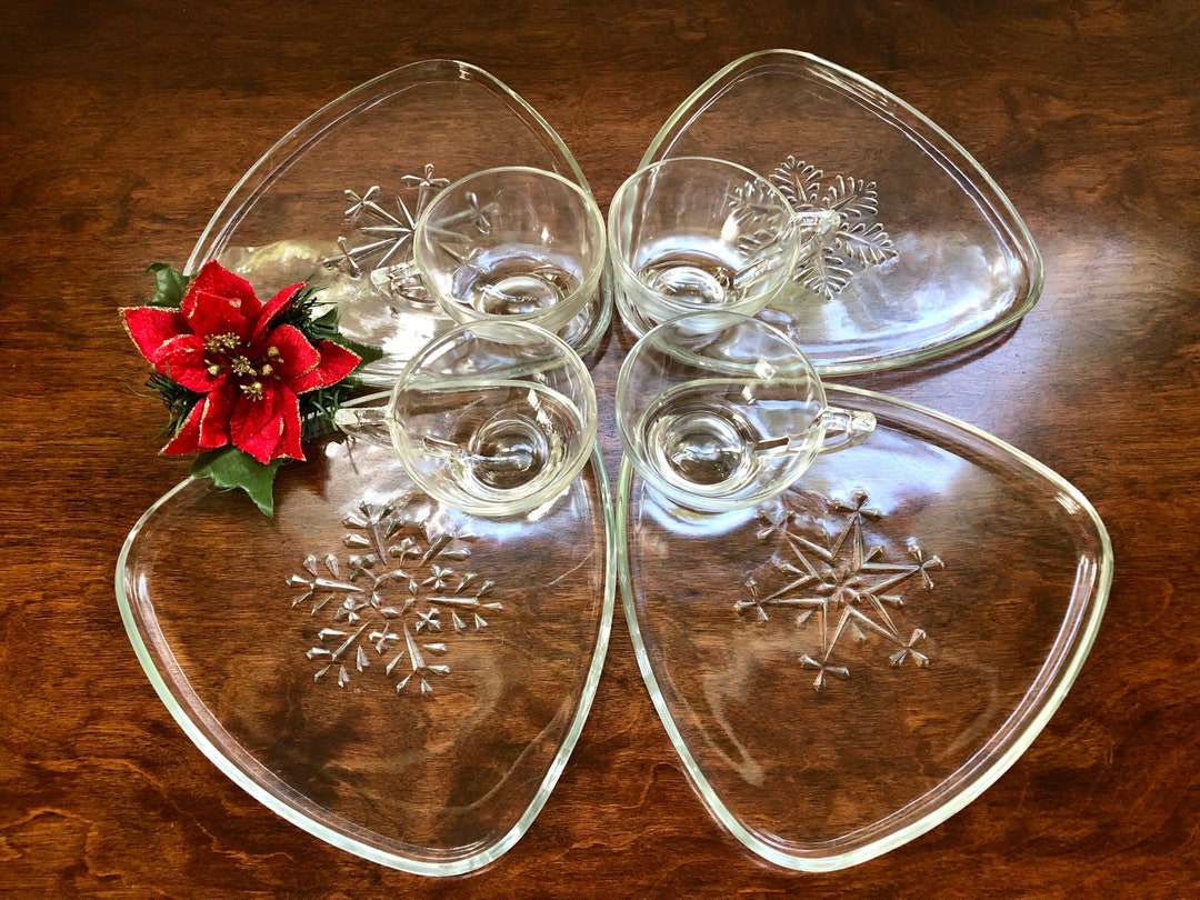 Vintage Set of Four Clear Glass Snowflake Snack Sets Indiana Glass ...