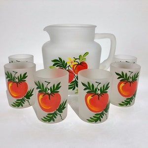 Vintage Hand Painted Frosted Glass Pitcher and Glass Set Juice Pitcher ...