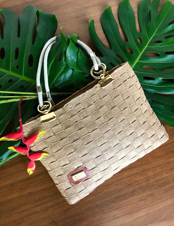 Vintage 100% Straw Woven Basket Weave Handbag/Tote wi… - Gem