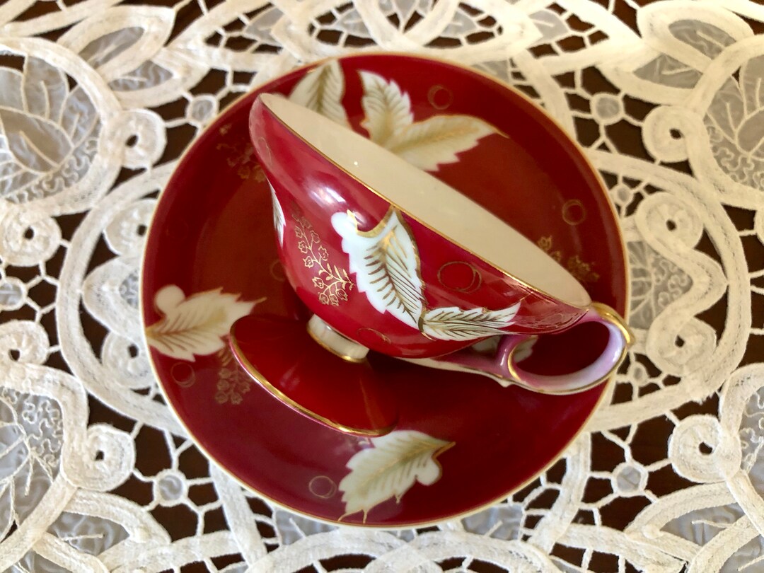 Vintage Shafford Tea Cup and Saucer Set, Maroon Leaf Motif, Gold Trim ...