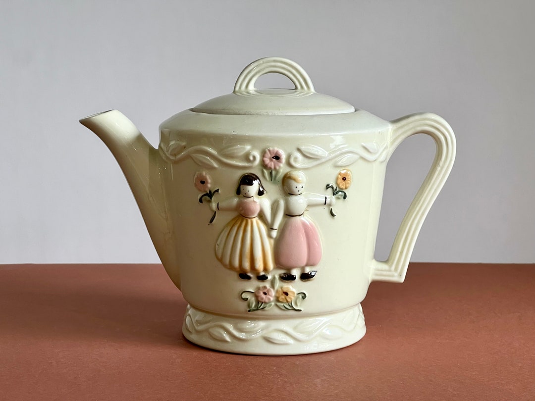 Vintage 1930s Porcelier Teapot – Embossed Boy, Girl, and Flowers, Art ...