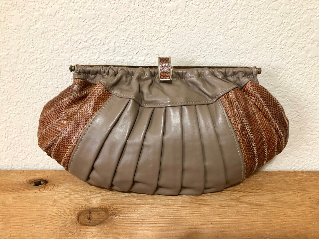 Vintage 80s Taupe Leather and Snakeskin Shoulder Purse/handbag /clutch ...