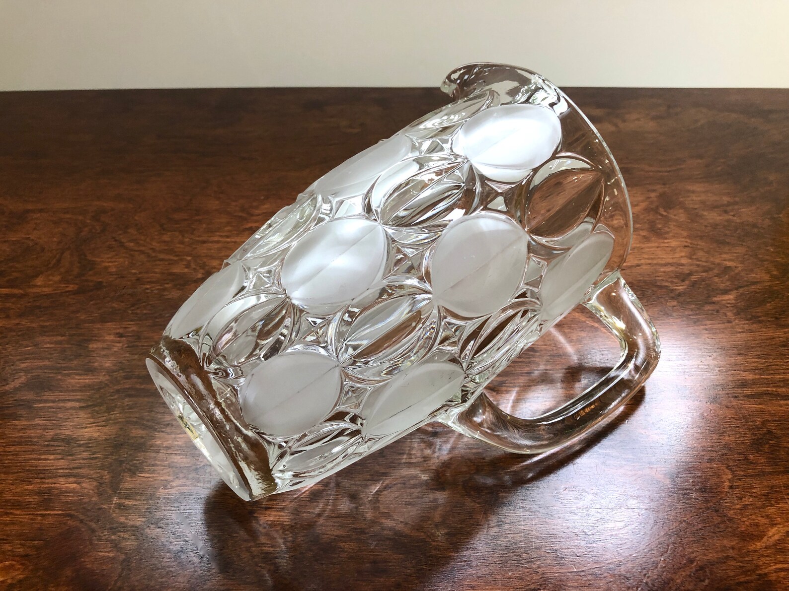 Vintage Large Glass Pitcher With Clear and Frosted Oval Design Heavy ...